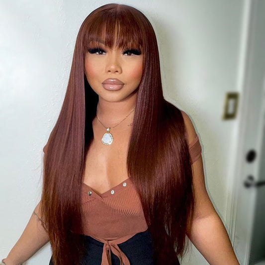 Reddish Brown Straight 13x4 Lace Front Wig With Bangs Glueless Human H ...