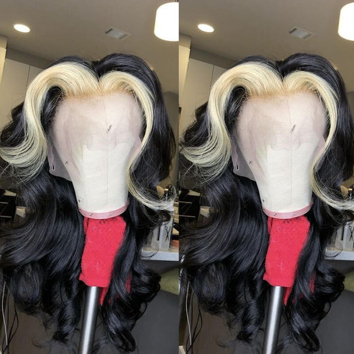 Blonde Skunk Stripe 13x4 Lace Wig Straight Human Hair Wigs Highlight ...